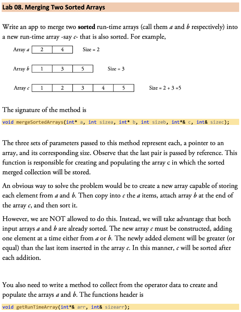Solved Lab 08. Merging Two Sorted Arrays Write an app to | Chegg.com