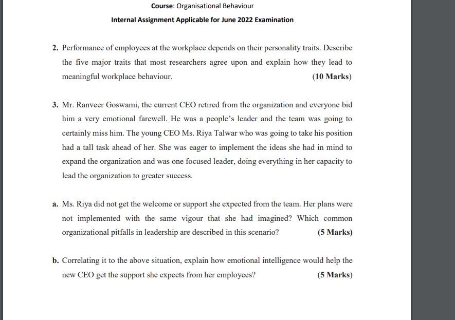 Solved Course: Organisational Behaviour Internal Assignment | Chegg.com