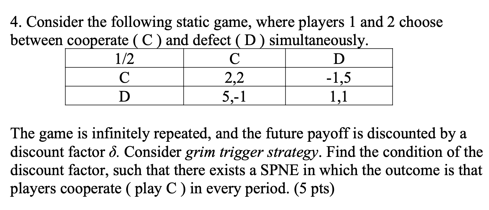 Solved 4. Consider the following static game, where players | Chegg.com