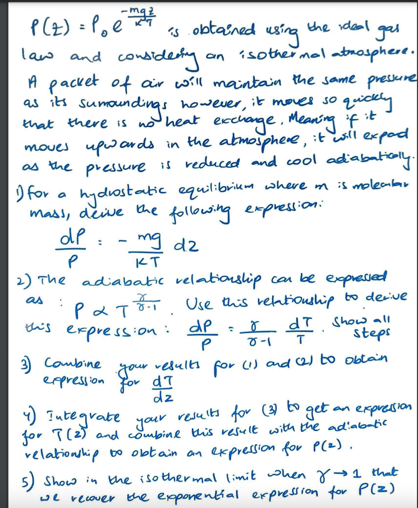 Solved P(z)=P0ekT−mgz is obtained using the rdeal gas law | Chegg.com