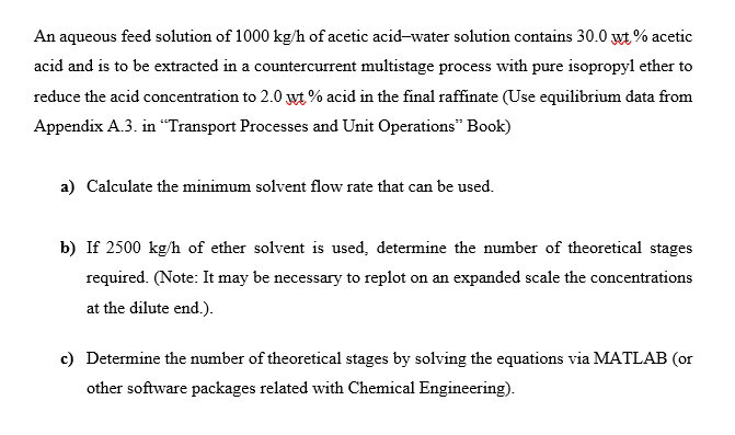 Solved An aqueous feed solution of 1000 kg/h of acetic | Chegg.com