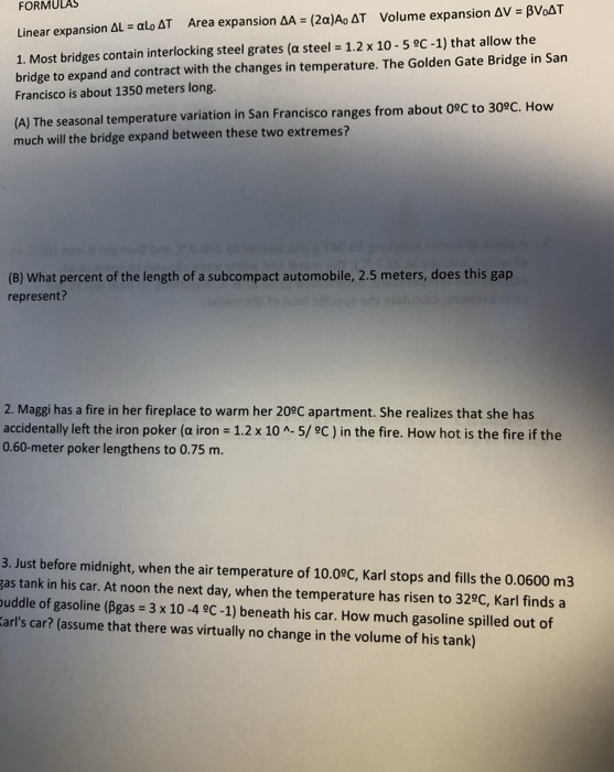Solved FORMULAS Volume expansion Δν-ßVAT Area expansion ΔΑ : | Chegg.com