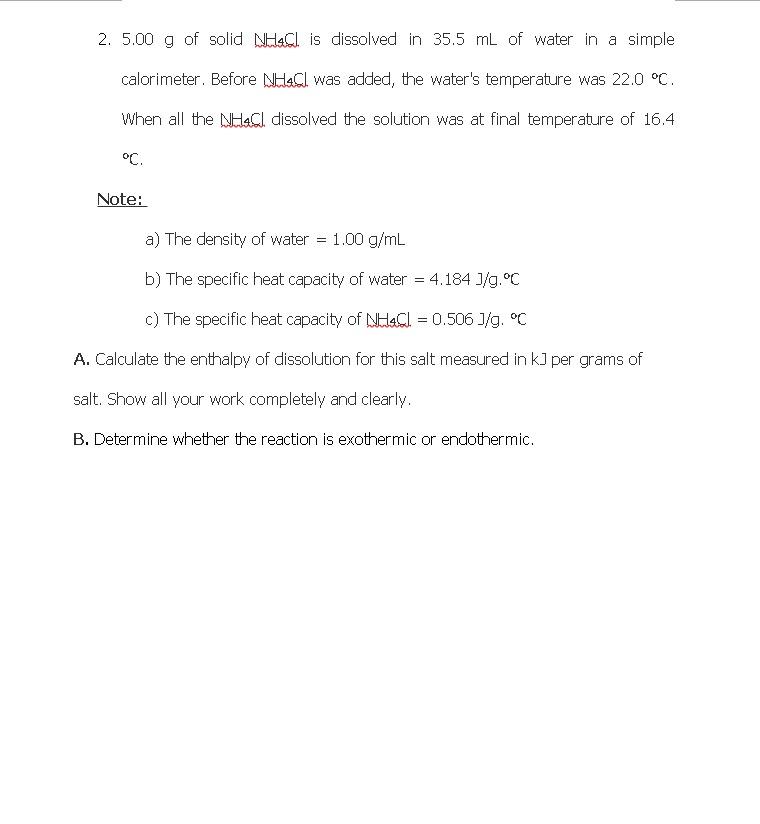 Solved 2. 5.00 g of solid NH4Cl is dissolved in 35.5 mL of | Chegg.com