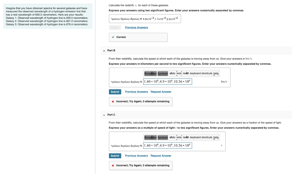 Solved Calculate the redshift, , for each of these galaxies. | Chegg.com