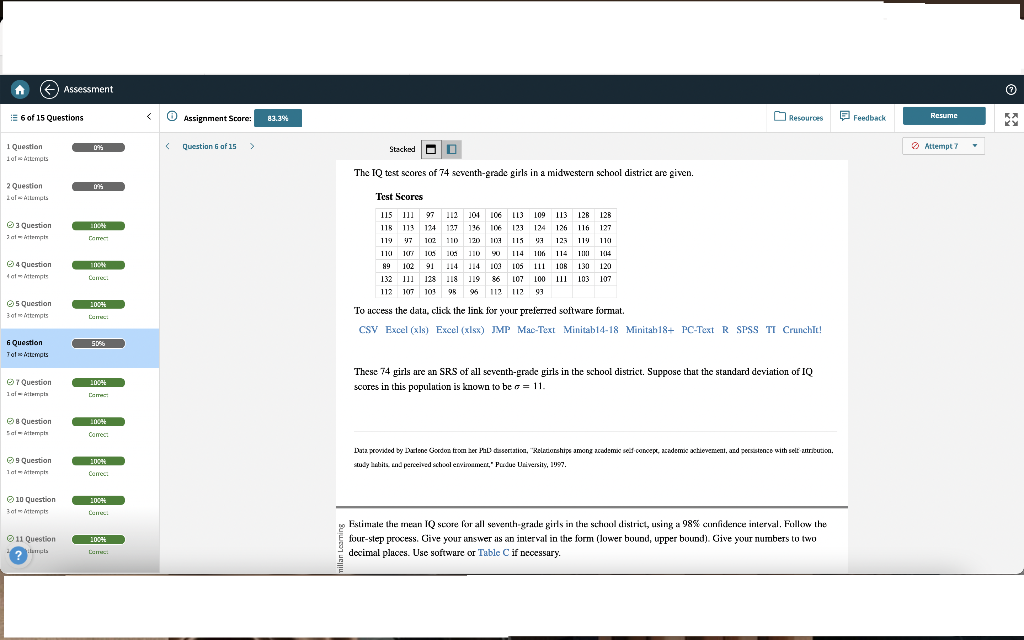 Solved The IQ test scores of 74 seventh-grade girls in a | Chegg.com