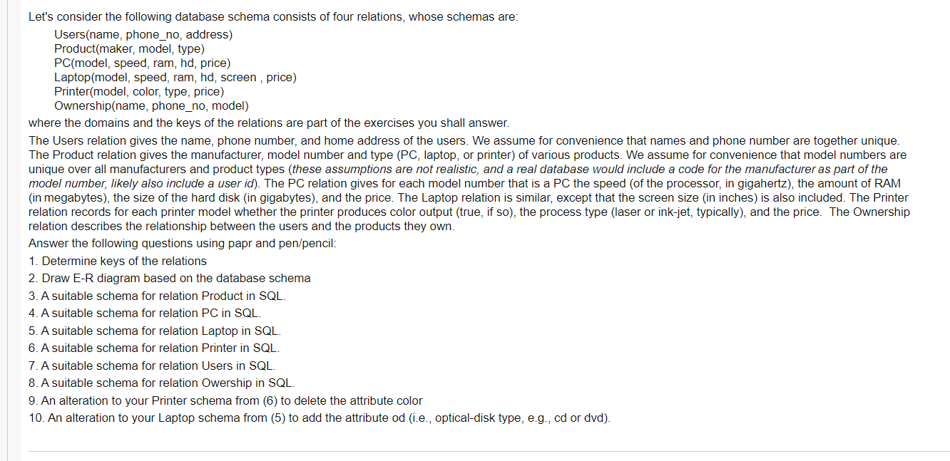 Solved Let's consider the following database schema consists | Chegg.com