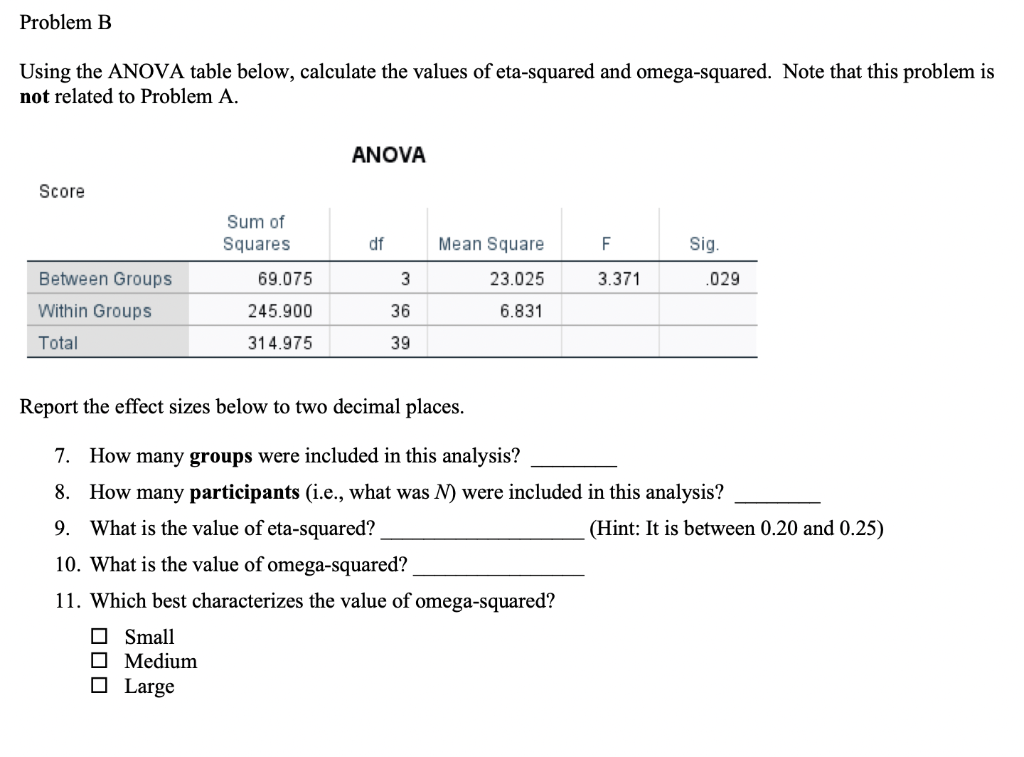 Solved Problem B Using the ANOVA table below, calculate the | Chegg.com