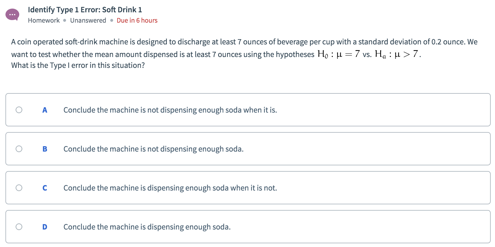 Solved Identify Type 1 Error: Soft Drink 1 Homework | Chegg.com