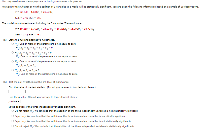 Solved y^=62.430−1.831x1+25.630x2 SSE =775; SSR =556 The | Chegg.com