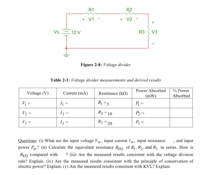 Solved R1 R2 + V2 Vs12 V Figure 2-8: Voltage divider Table | Chegg.com