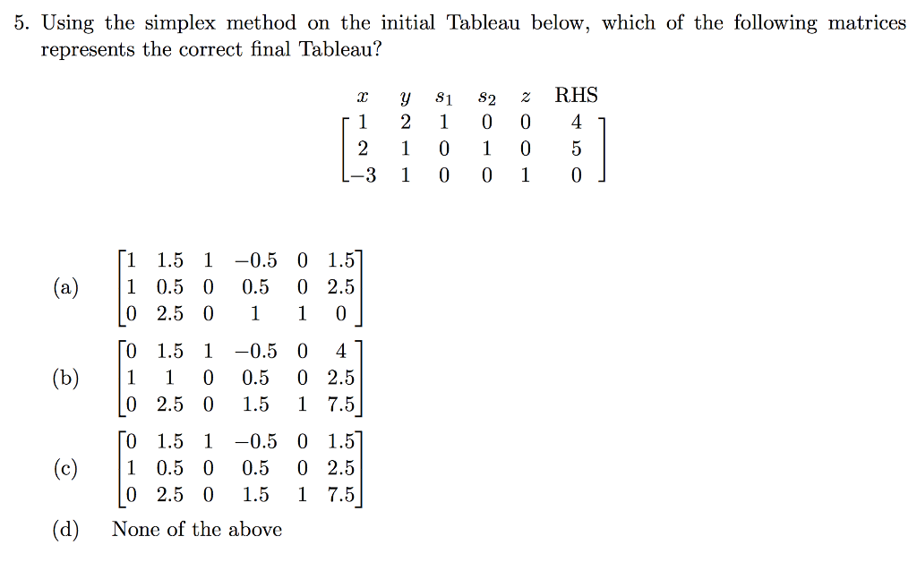 Solved 5. Using the simplex method on the initial Tableau | Chegg.com