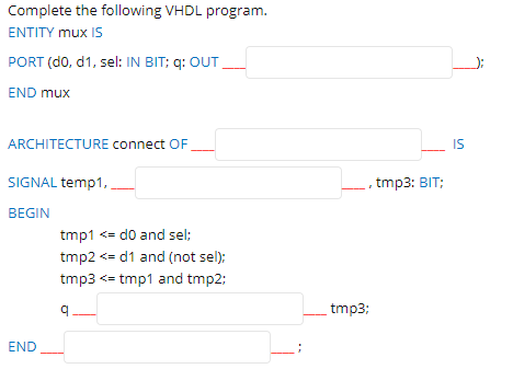 Solved Complete the following VHDL program. ENTITY mux IS | Chegg.com
