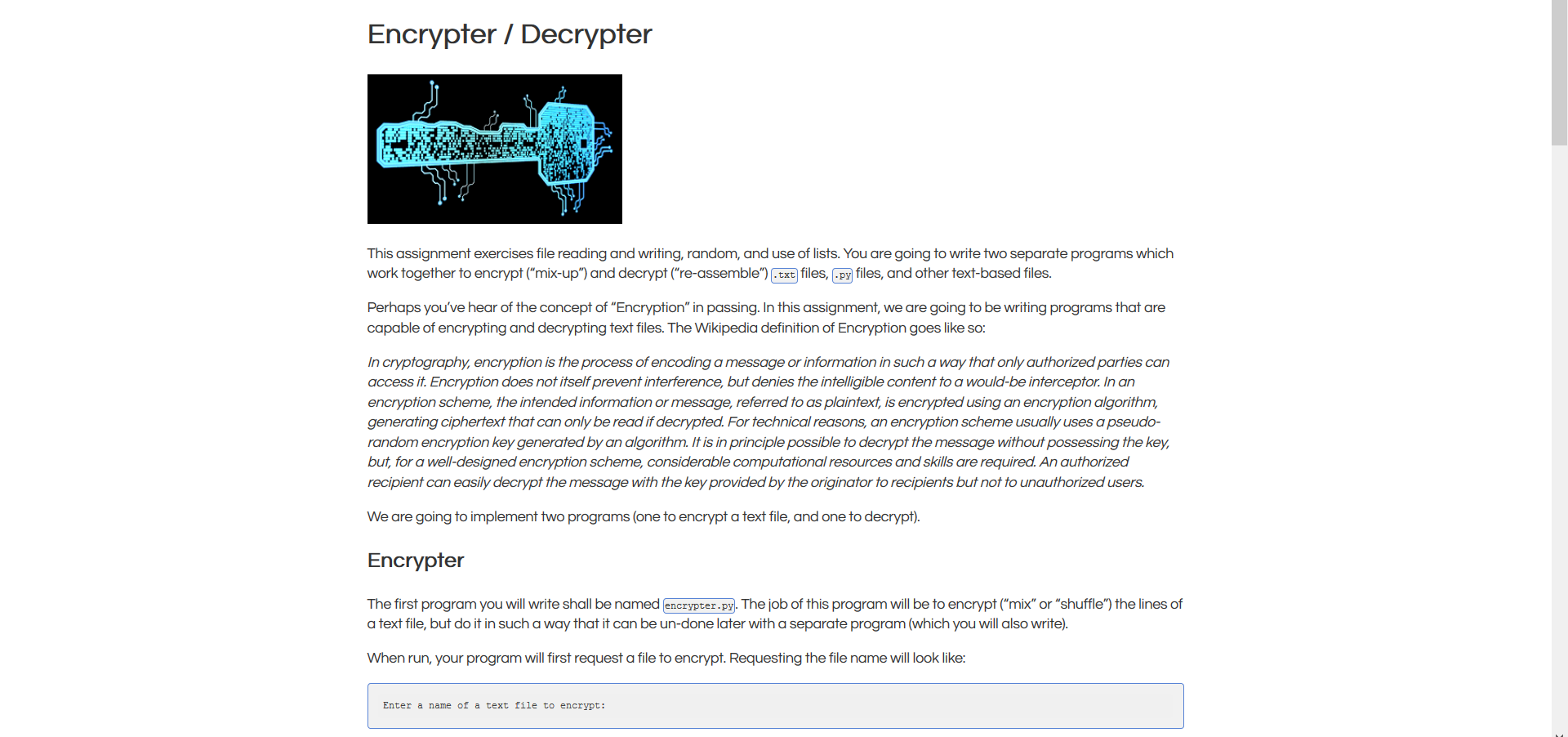 Encrypter / Decrypter This assignment exercises file | Chegg.com