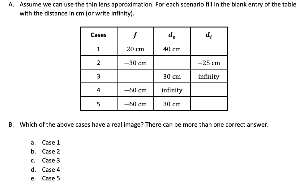 Solved A Assume We Can Use The Thin Lens Approximation For