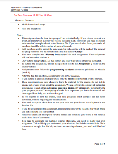 ASSIGNMENT 2.Corway's Game of Life COMP1020 al 2021 | Chegg.com