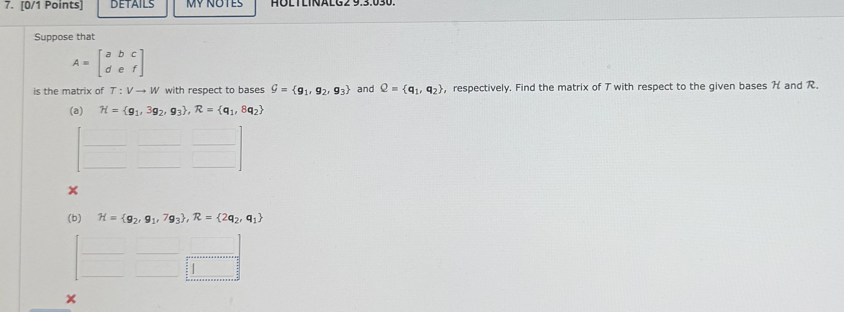 Solved A=[abcdef]is ﻿the matrix of T:V→W ﻿with respect to | Chegg.com