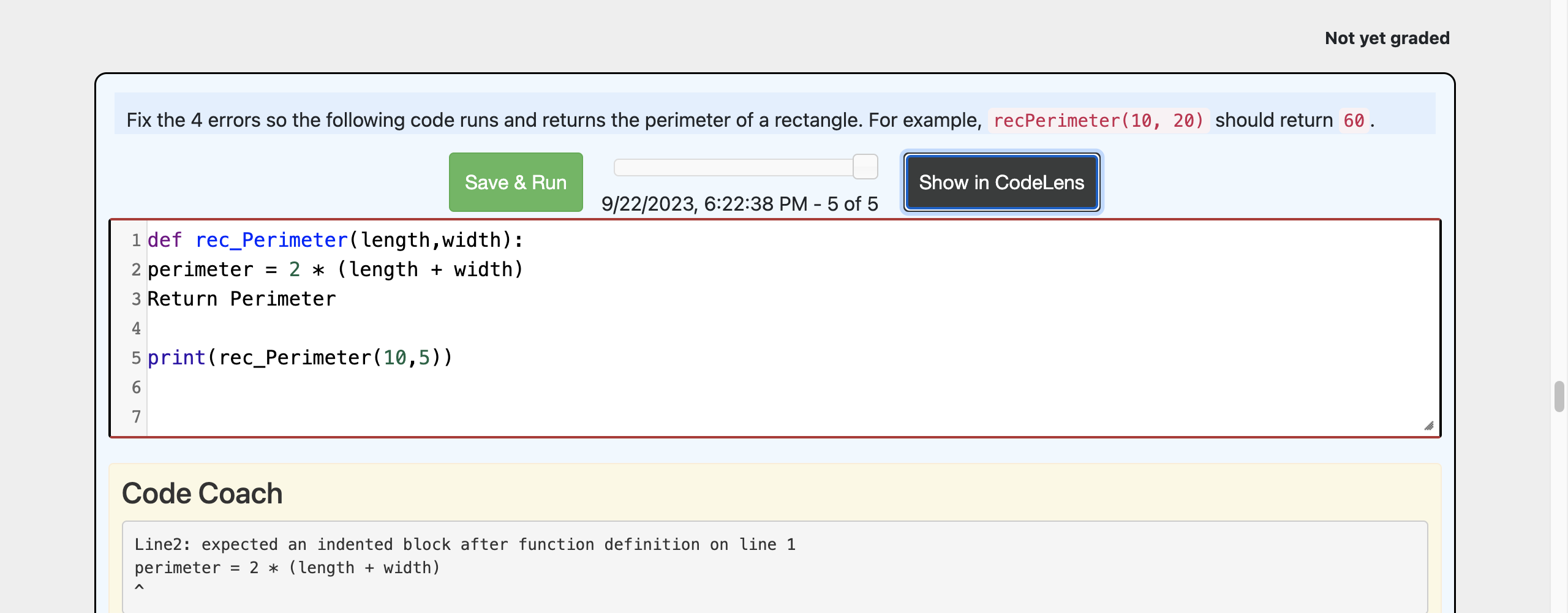 Solved 1 def rec_Perimeter( length, width): 2 perimeter =2∗( | Chegg.com
