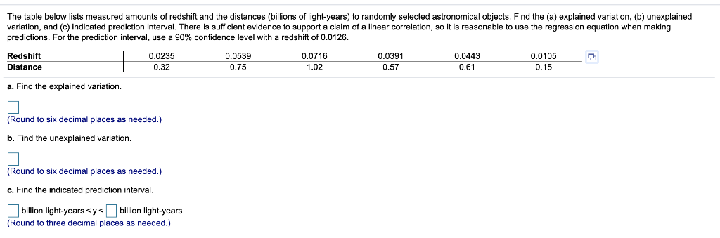 Solved The table below lists measured amounts of redshift | Chegg.com