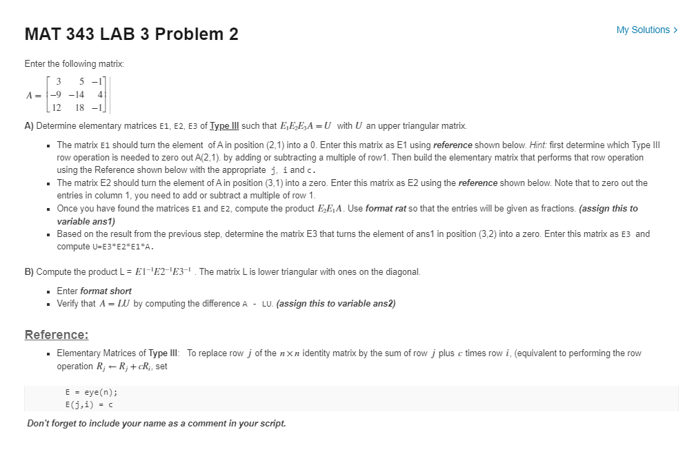 Solved MAT 343 LAB 3 Problem 2 My Solutions > Enter the | Chegg.com