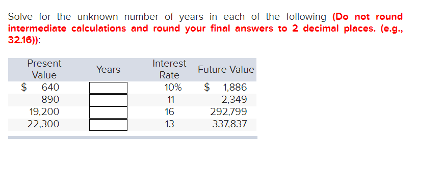 Solved Solve for the unknown number of years in each of the | Chegg.com