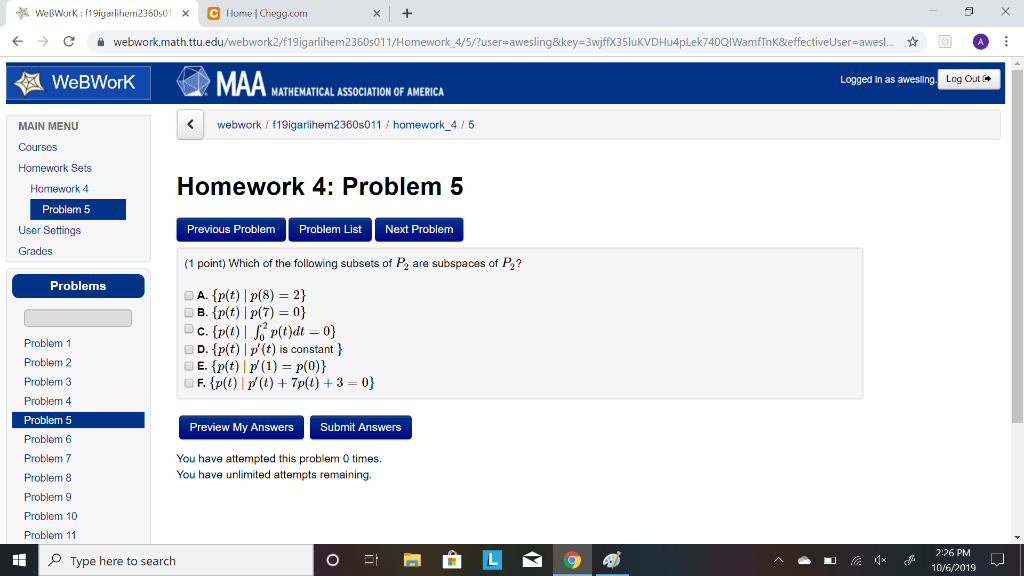 Solved WebWork: 119igarlihern 2360501 x C Home | Chegg.com x | Chegg.com