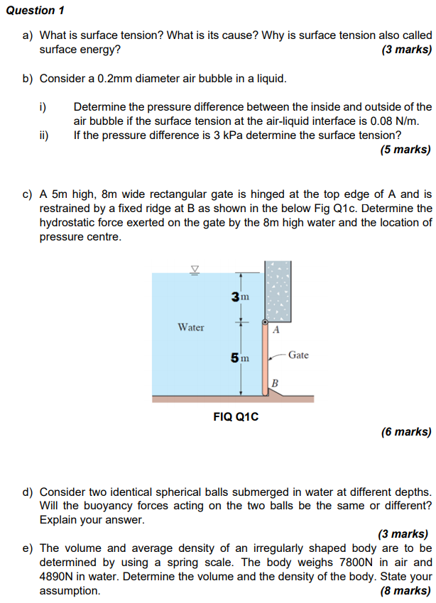 Solved Question 1 a) What is surface tension? What is its | Chegg.com