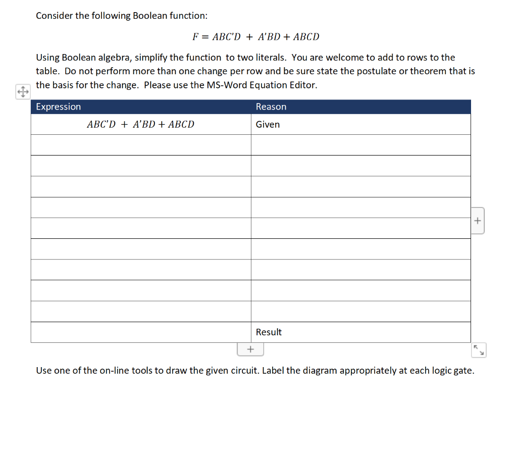 Solved Consider the following Boolean function: F= ABC'D + | Chegg.com