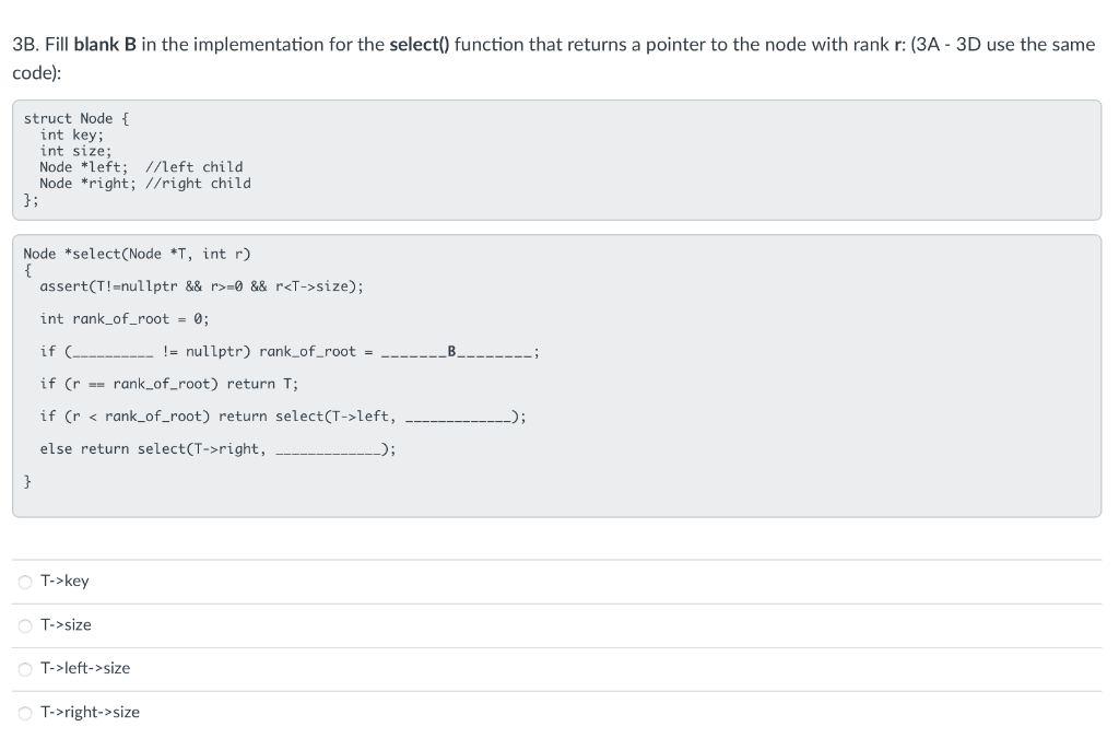 Solved 3B. Fill blank B in the implementation for the | Chegg.com