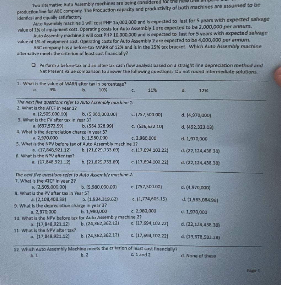 Two alternative Auto Assembly machines are being | Chegg.com
