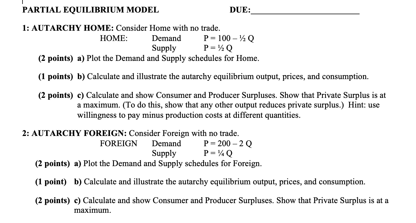 Solved PARTIAL EQUILIBRIUM MODEL DUE: 1: AUTARCHY HOME: | Chegg.com