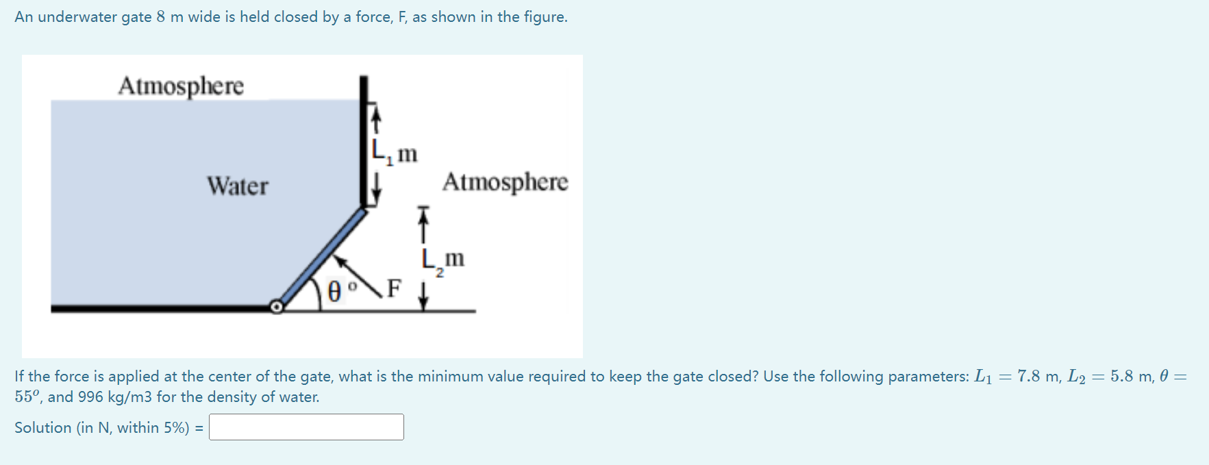 Solved An underwater gate 8 m wide is held closed by a | Chegg.com