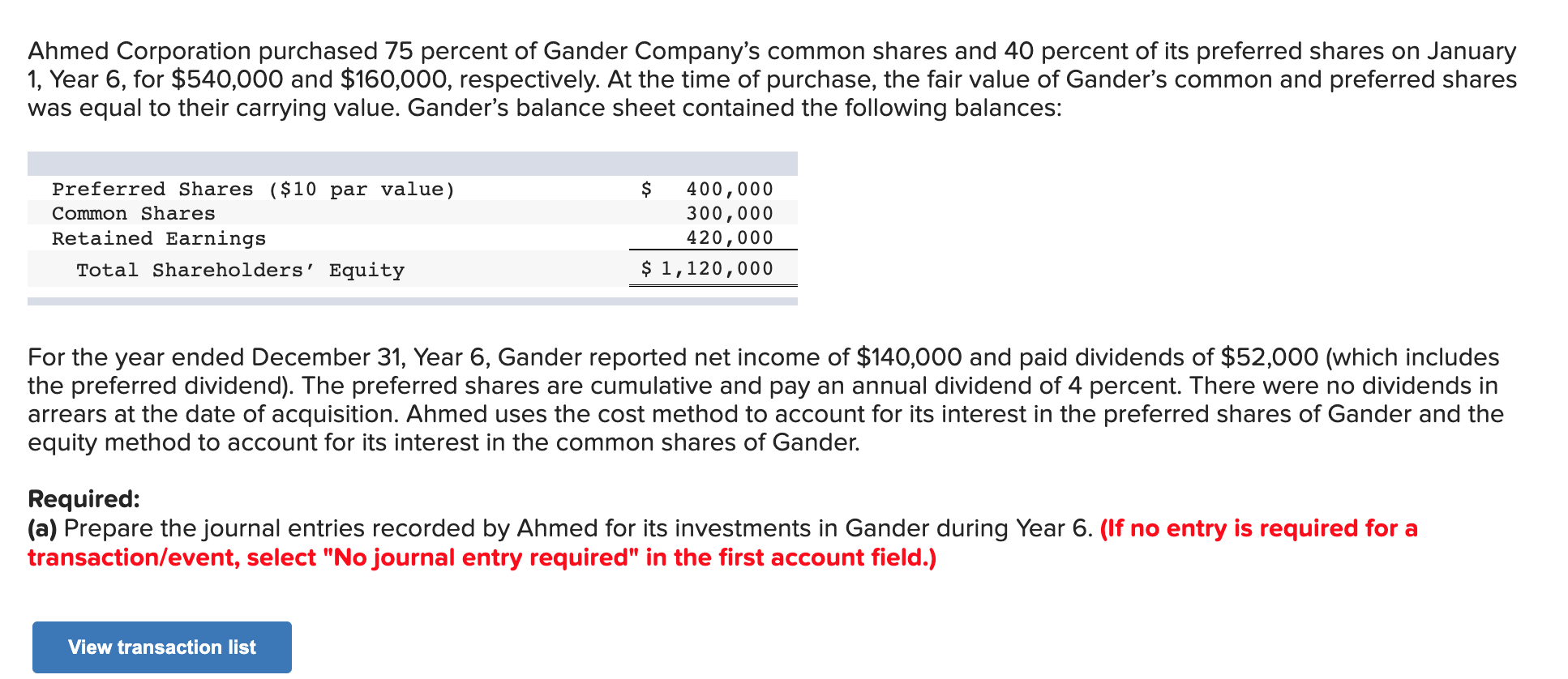 Solved Ahmed Corporation purchased 75 percent of Gander | Chegg.com
