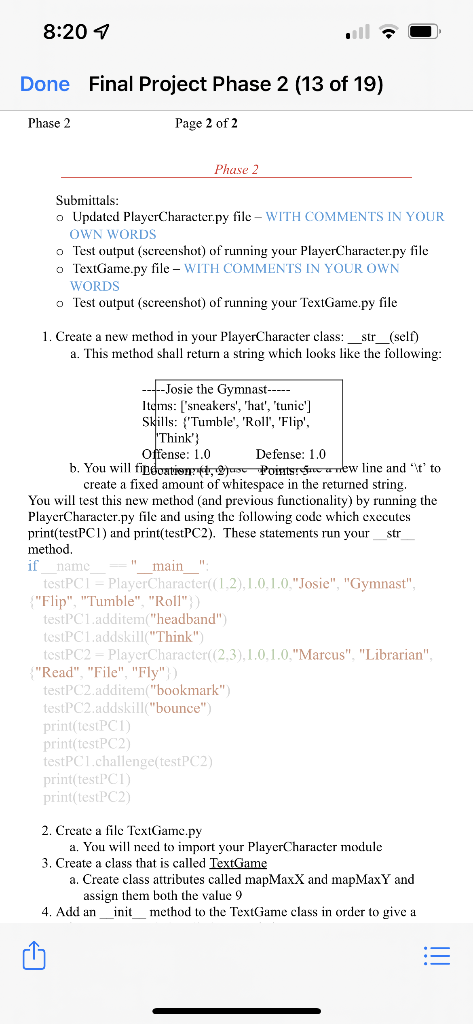 Phase 2 Submittals: o Updated PlayerCharacter.py file | Chegg.com