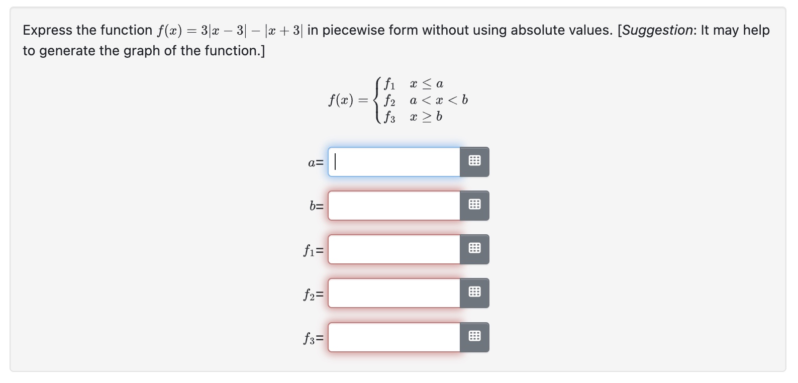 Solved Express the function f(x)=3|x-3|-|x+3| ﻿in piecewise | Chegg.com