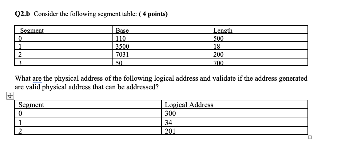 Solved Q2.b Consider the following segment table: (4 points) | Chegg.com