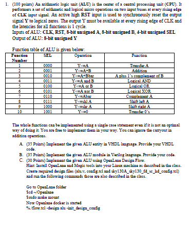 Solved 1. (100 points) An arithmetic logic unit (ALU) is the | Chegg.com