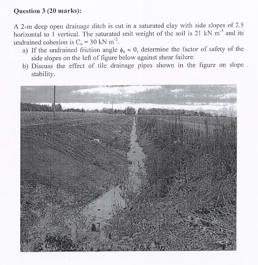 Solved Question 3 (20 marks): A 2-m deep open drainage ditch | Chegg.com