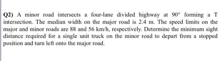 Solved Q2) A minor road intersects a four-lane divided | Chegg.com