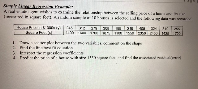 Solved Simple Linear Regression Example: A real estate agent | Chegg.com