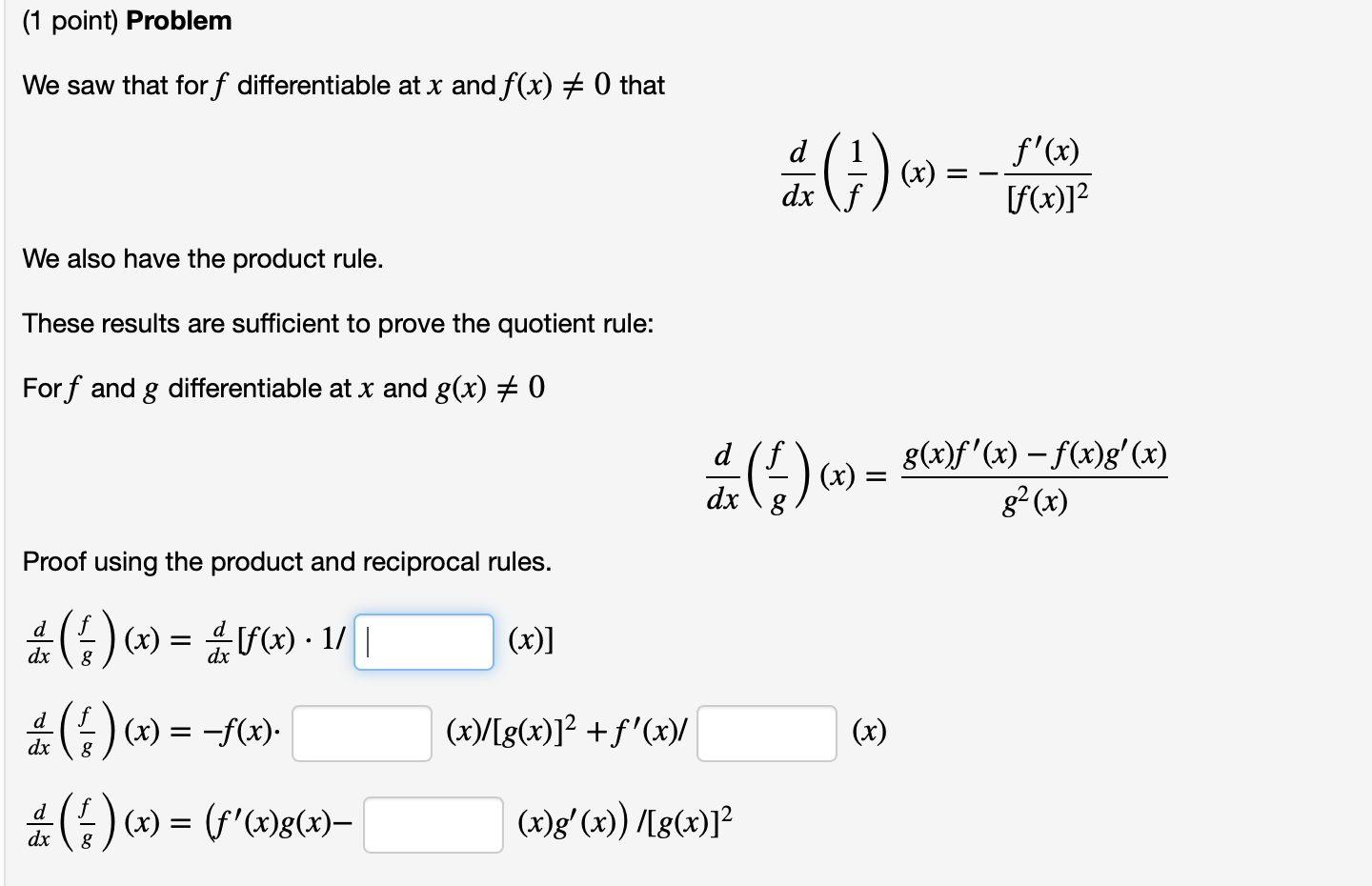 Solved (1 point) Problem Proof of the product rule: Suppose | Chegg.com