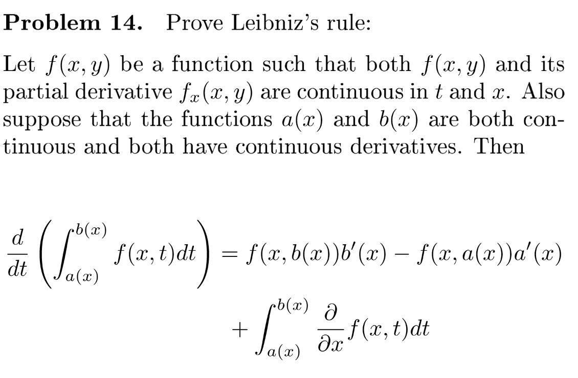 Solved Problem 14. Prove Leibniz's rule: Let f(x,y) be a | Chegg.com