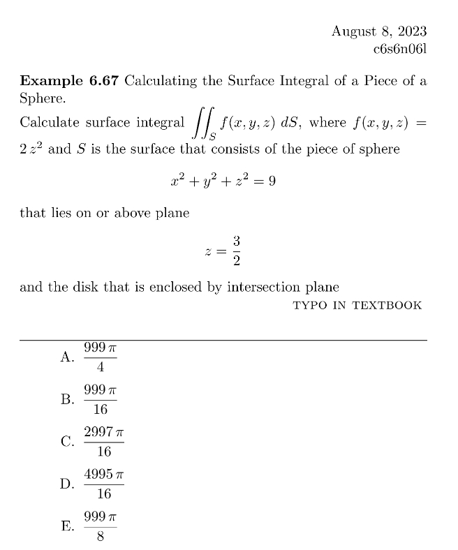 Solved Example 6.67 Calculating the Surface Integral of a | Chegg.com
