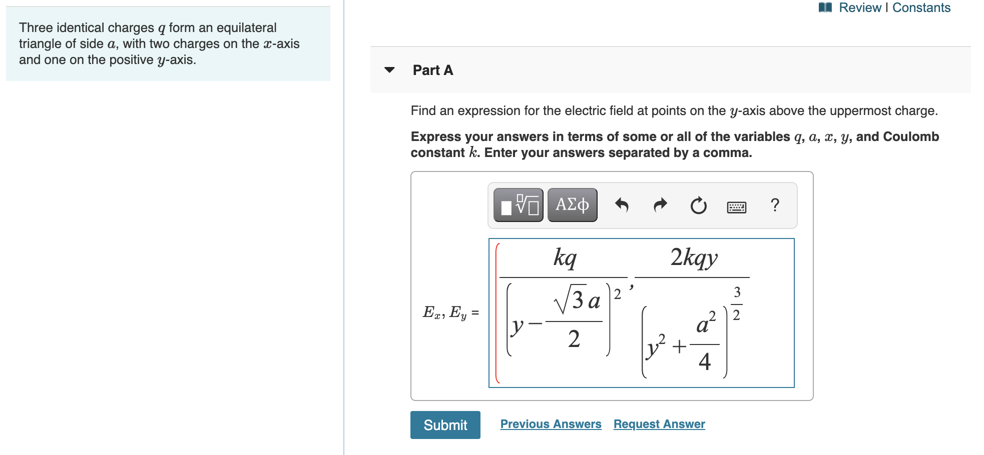Solved Review | Constants Three identical charges q form an | Chegg.com Solved Review | Constants Three identical charges q form an | Chegg.com