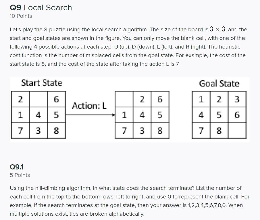 Solved Q9 Local Search 10 Points Let's play the 8-puzzle | Chegg.com