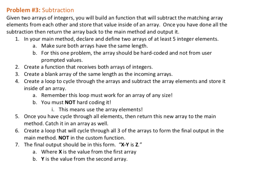 Solved Problem #3: Subtraction Given two arrays of integers, | Chegg.com