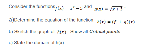Solved Consider the functions f(x) = x2 - 5 and g(x) = Vx+3 | Chegg.com