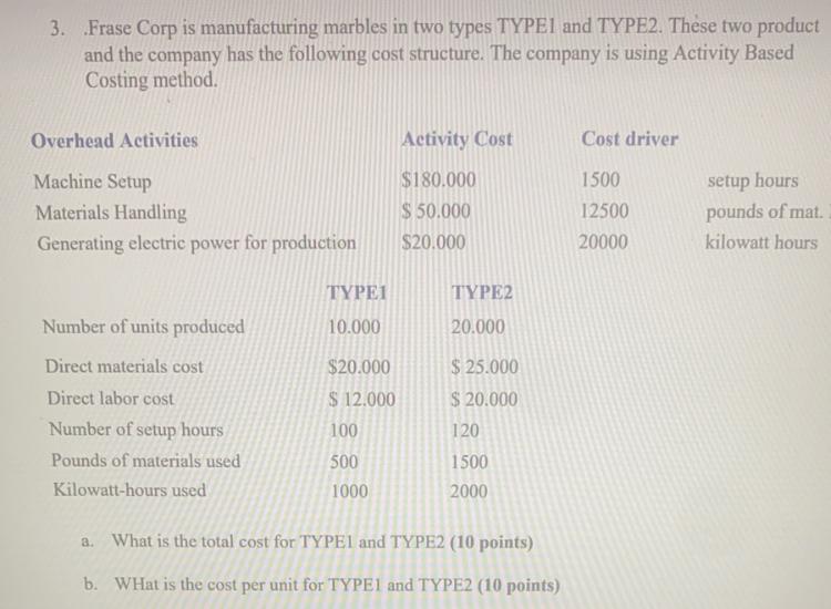 Solved 3. Frase Corp is manufacturing marbles in two types | Chegg.com