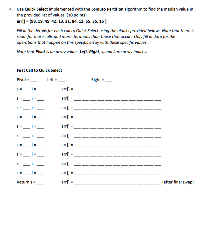 Use Quick Select implemented with the Lomuto | Chegg.com