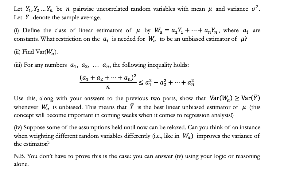 Solved Let Y, Y2 ... Yn be n pairwise uncorrelated random | Chegg.com