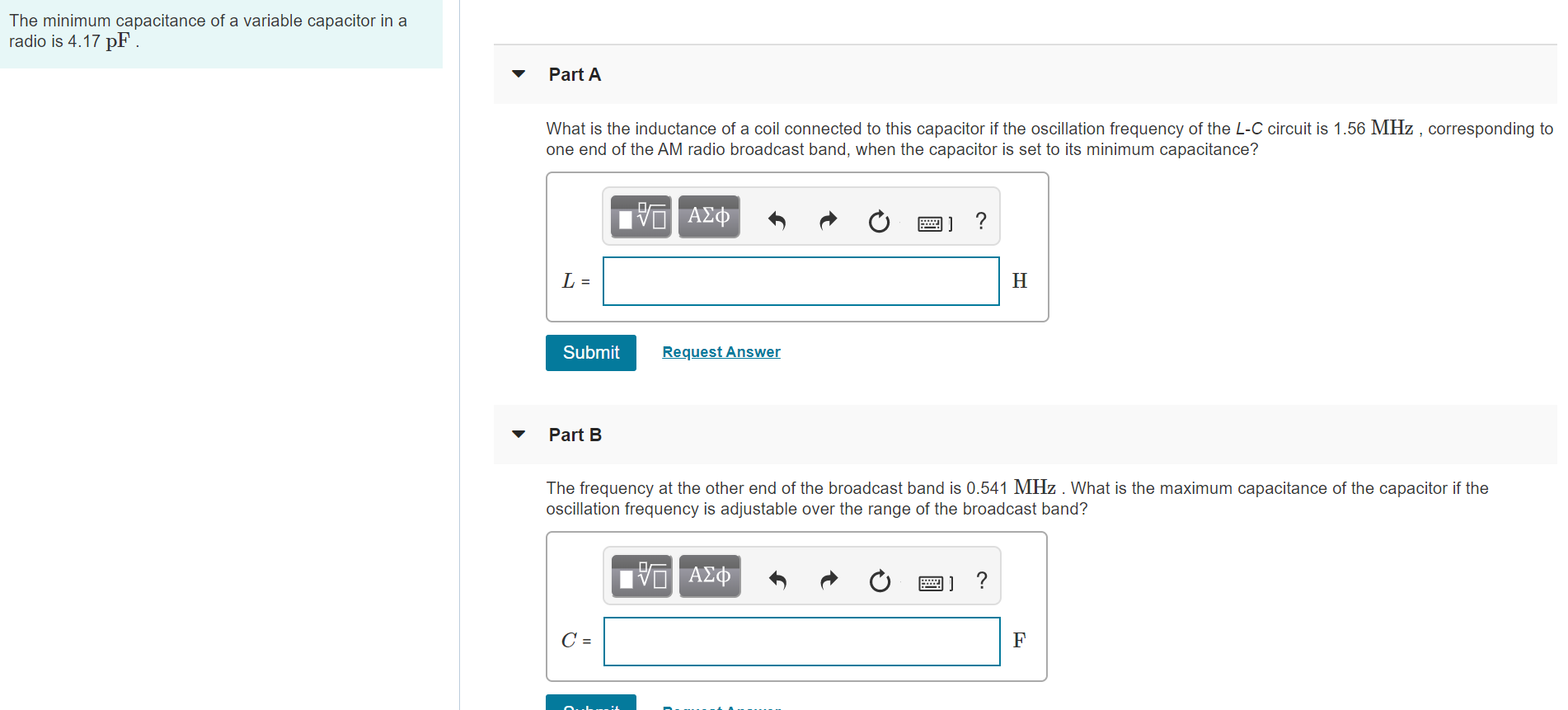 Solved The minimum capacitance of a variable capacitor in a | Chegg.com